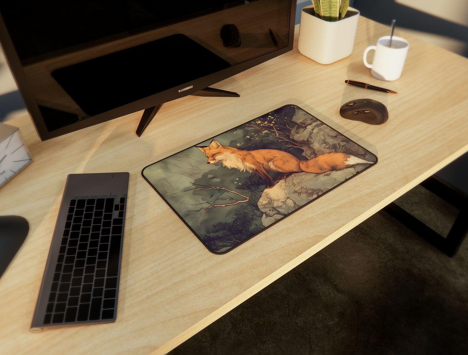 Large Fox Illustrated Desk Mat, Artistic Home Office Decor, Nature ...