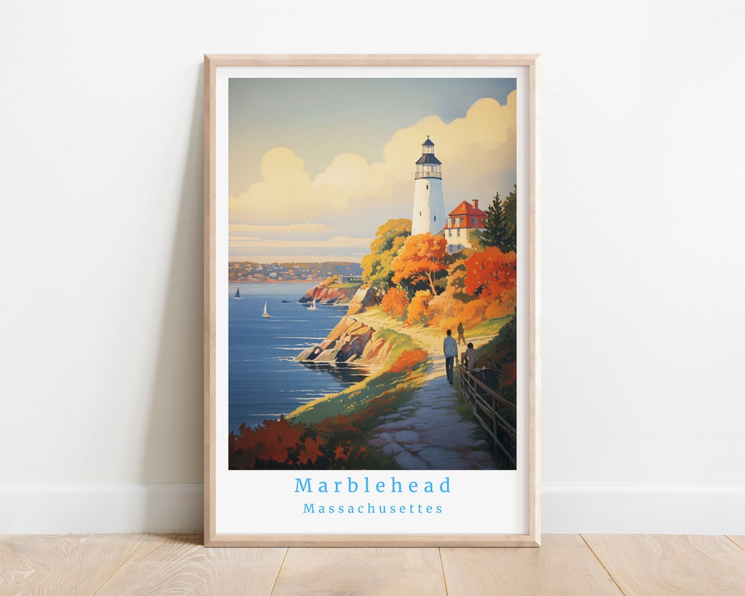 Marblehead Massachusetts Travel Poster, Coastal Lighthouse Print ...