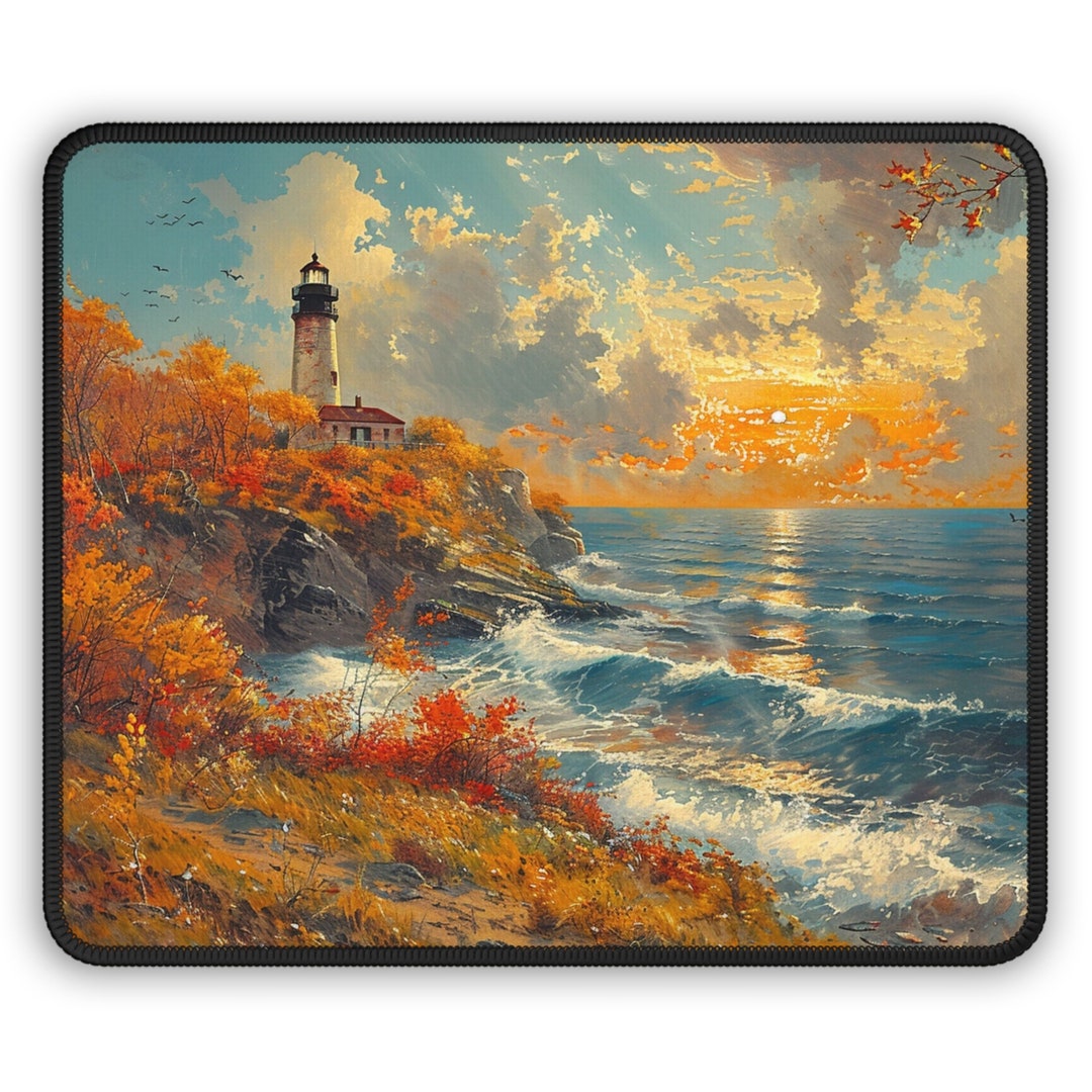 Lighthouse Sunset Scene Mousepad, Ocean Waves Autumn Trees, 9x7 Inch ...