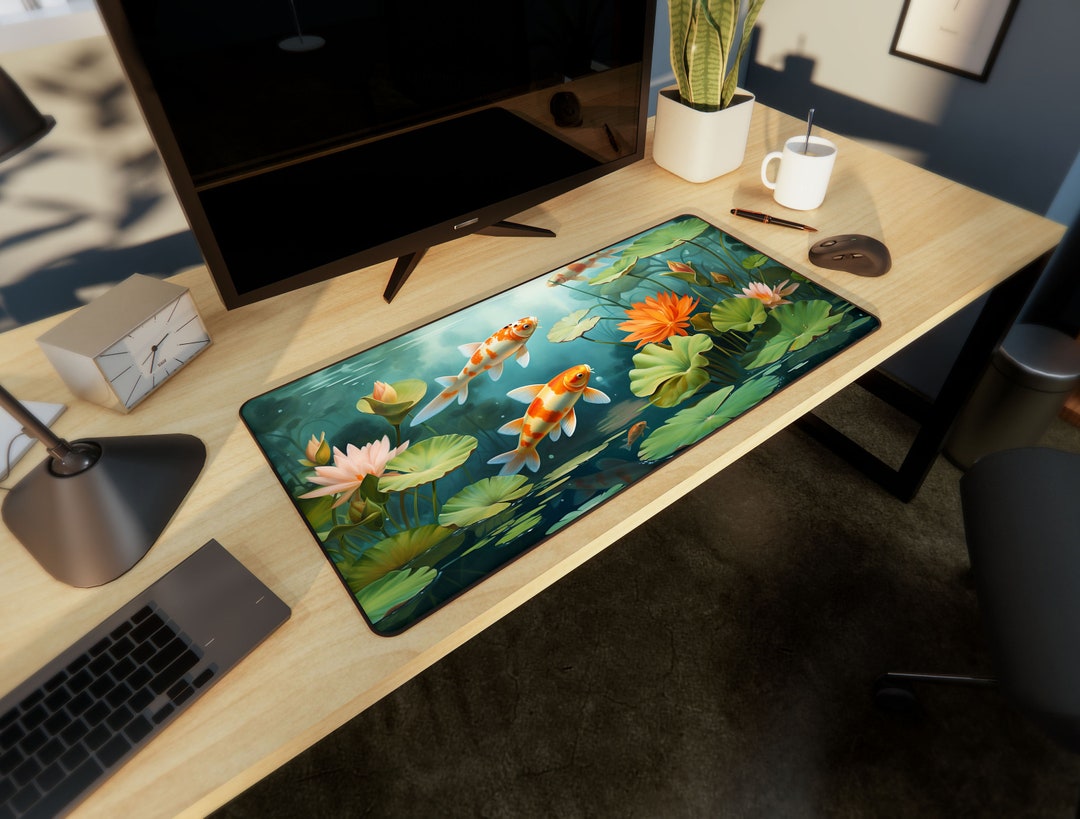 Large Koi Pond Desk Mat, Vibrant Fish and Water Lilies, Enhanced ...