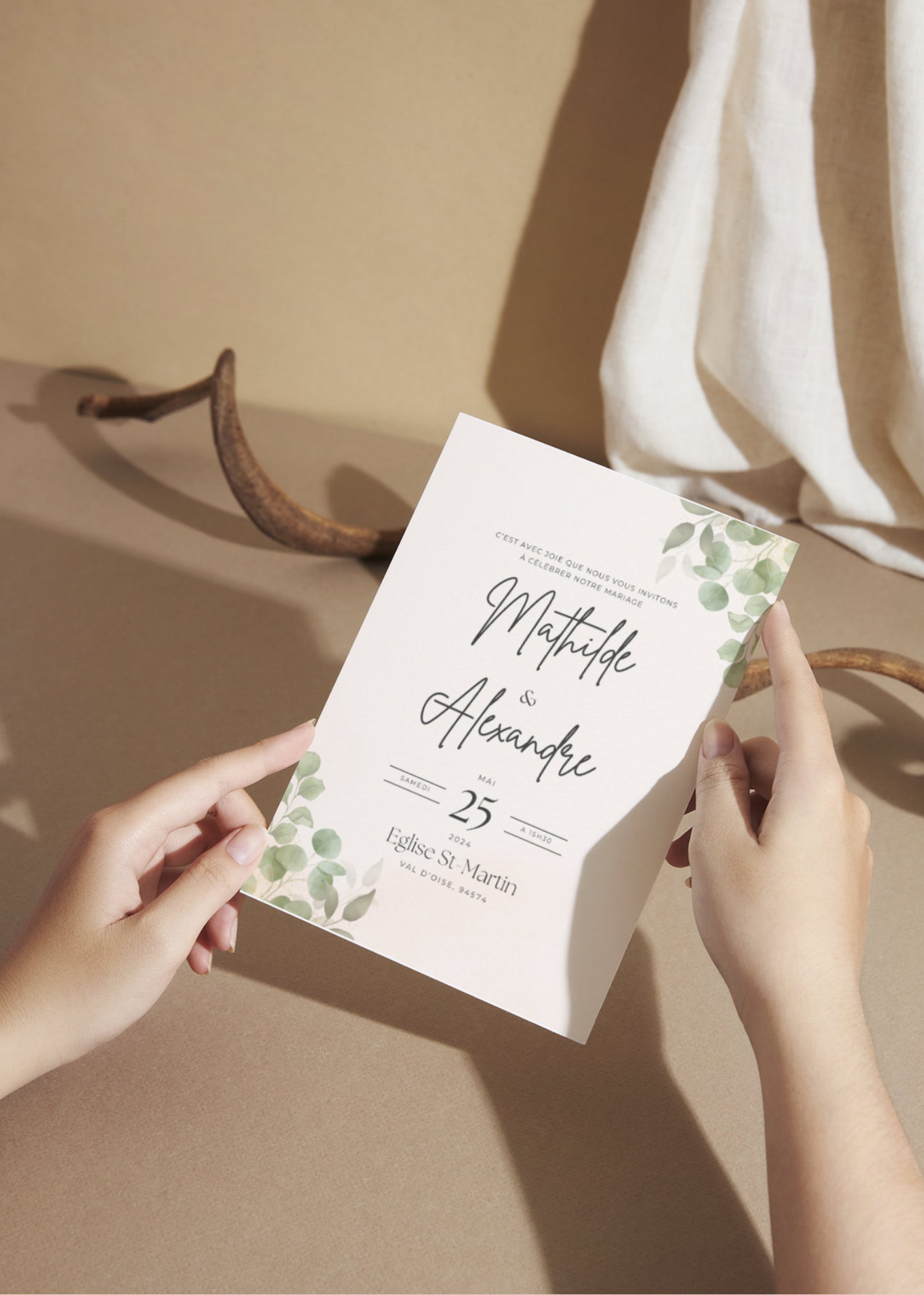 Minimalist Wedding Invitation, Pastel, Eucalyptus, Leafy, Fully ...