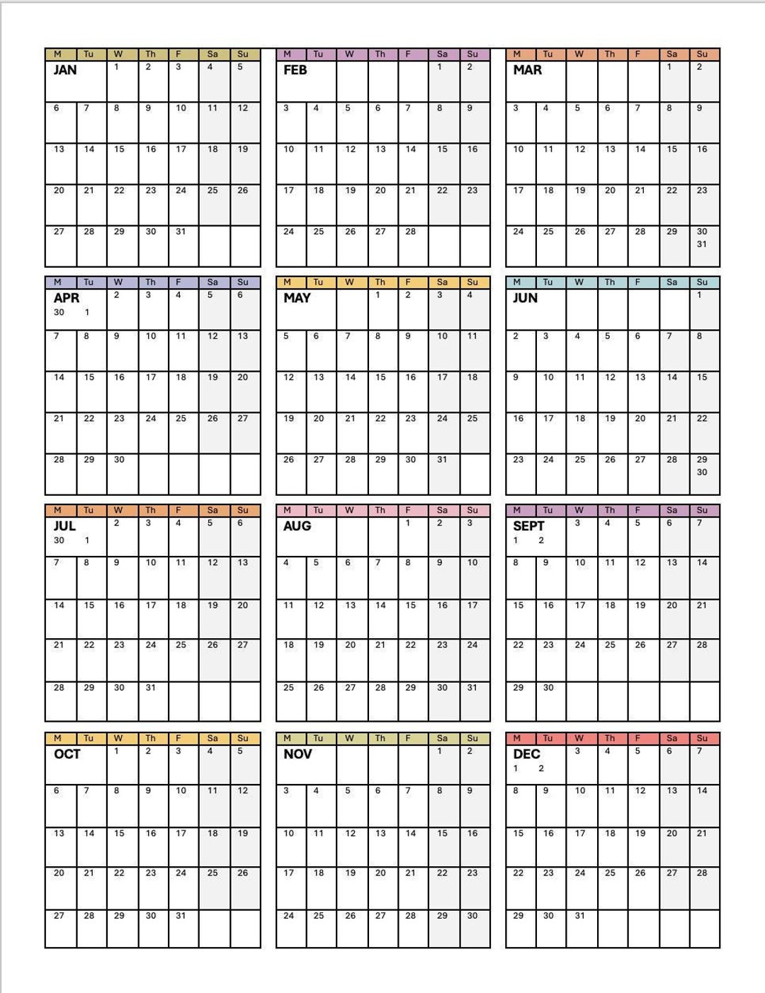 2025 Annual Calendar, Editable + Printable One-page - Etsy