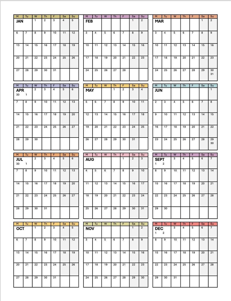 2025 Annual Calendar, Editable + Printable One-page - Etsy UK