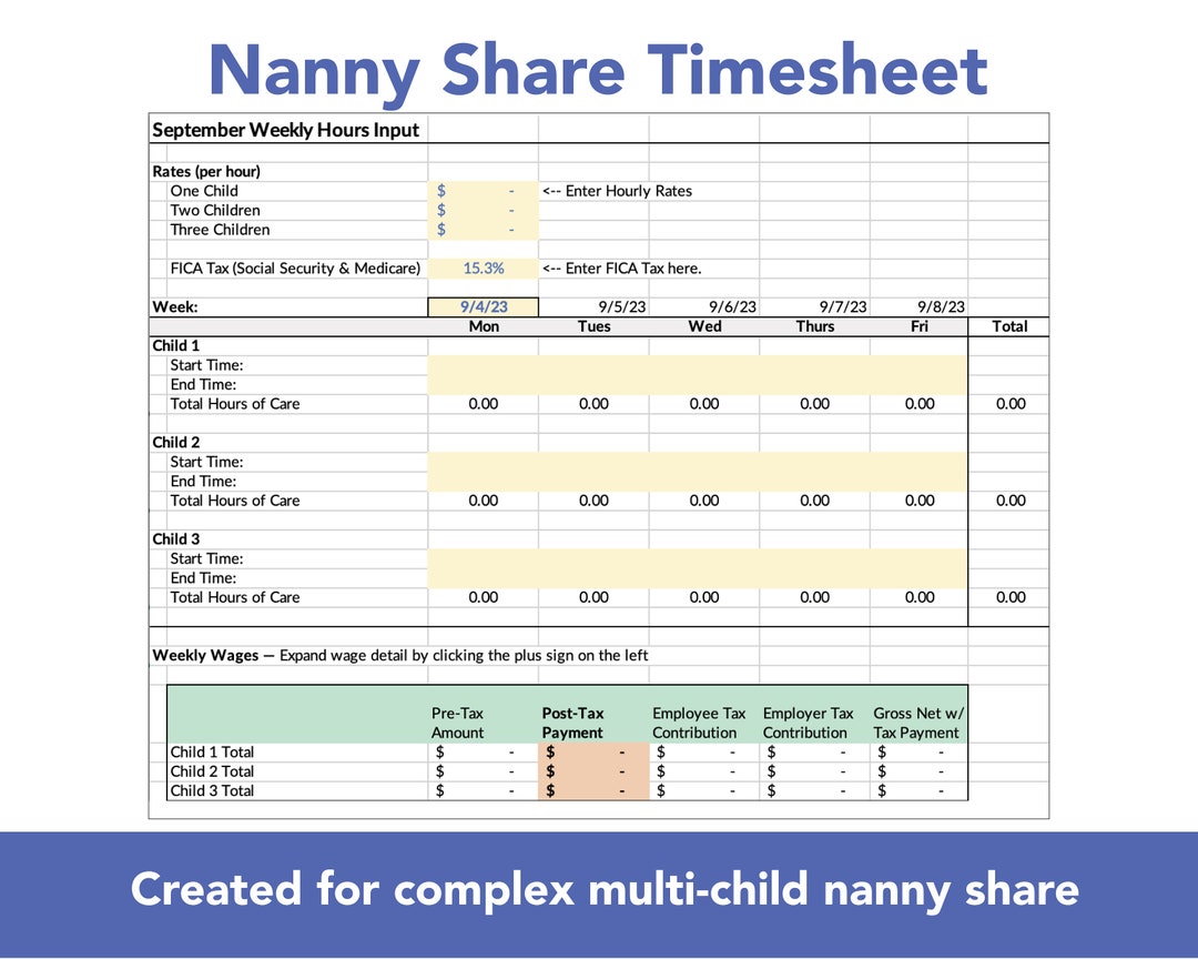 Nanny Share Time Sheet Template, Perfect for Complex Nanny Share With Multiple Families and ...