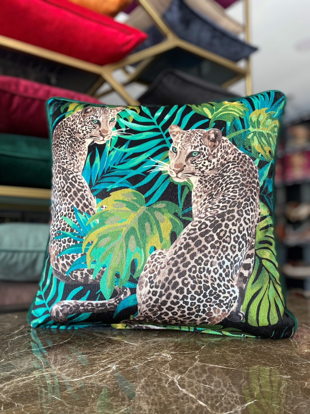 Stylish Tropical Leopard Velvet Throw Pillow Cushion Cover With Piping ...