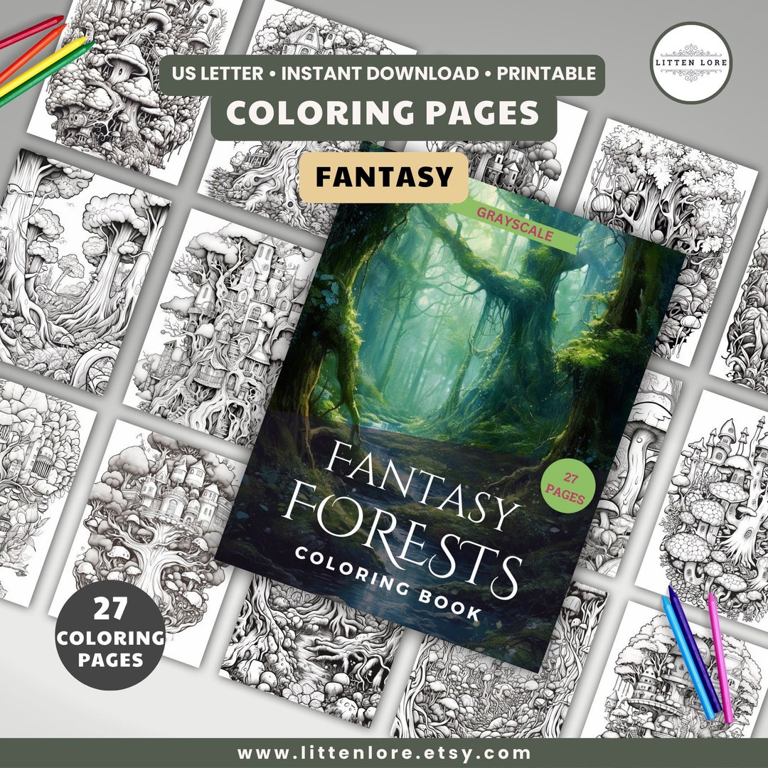 Fantasy Forests Coloring Book, 27 Grayscale Pages, PDF Format, US ...
