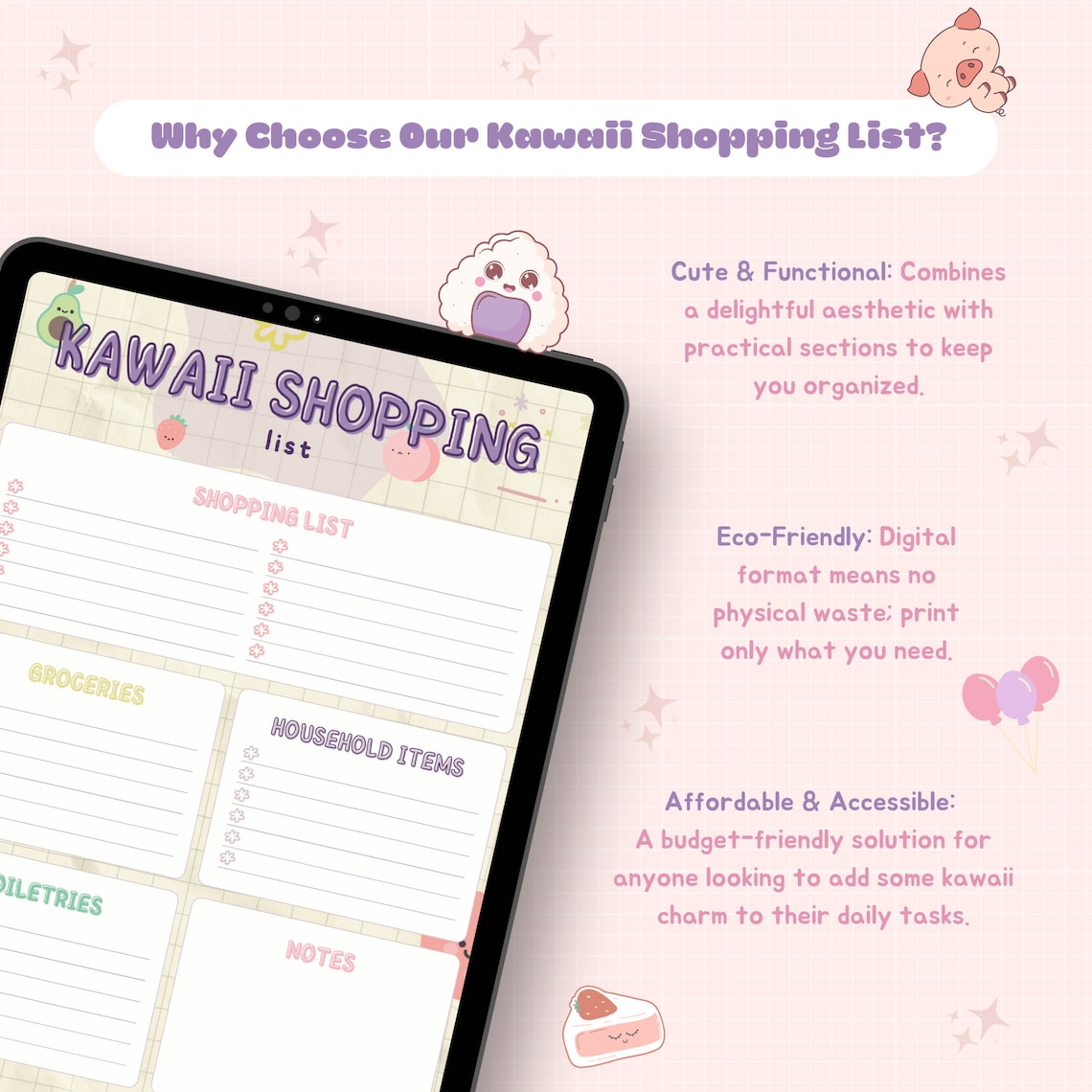 Kawaii Shopping List Printable | Cute Grocery List Planner Page ...