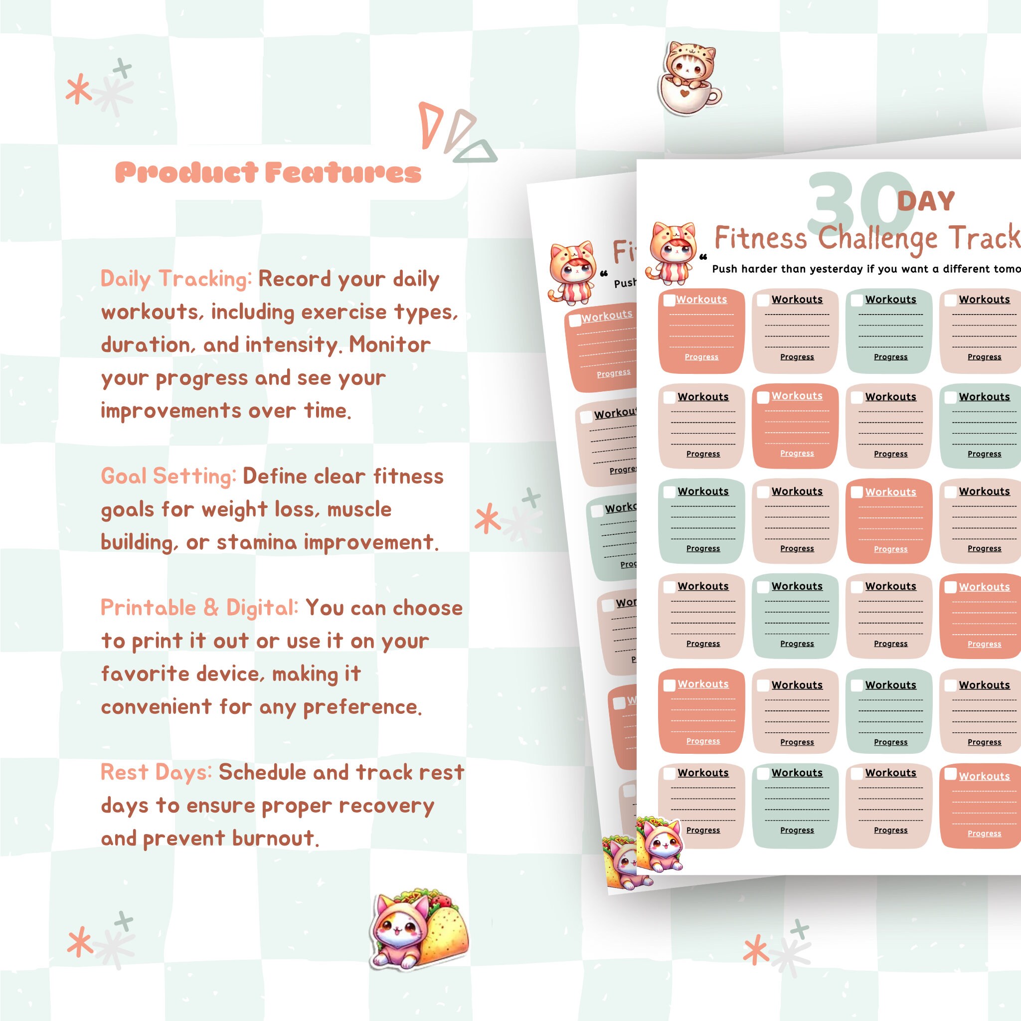 30-day Fitness Challenge Tracker | Kawaii Workout Planner (printable ...