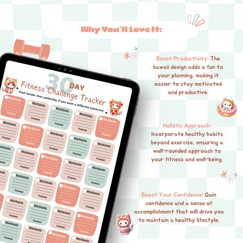30-day Fitness Challenge Tracker | Kawaii Workout Planner (printable ...