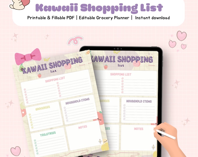 Kawaii Shopping List Printable Cute Grocery List Planner Page Household ...