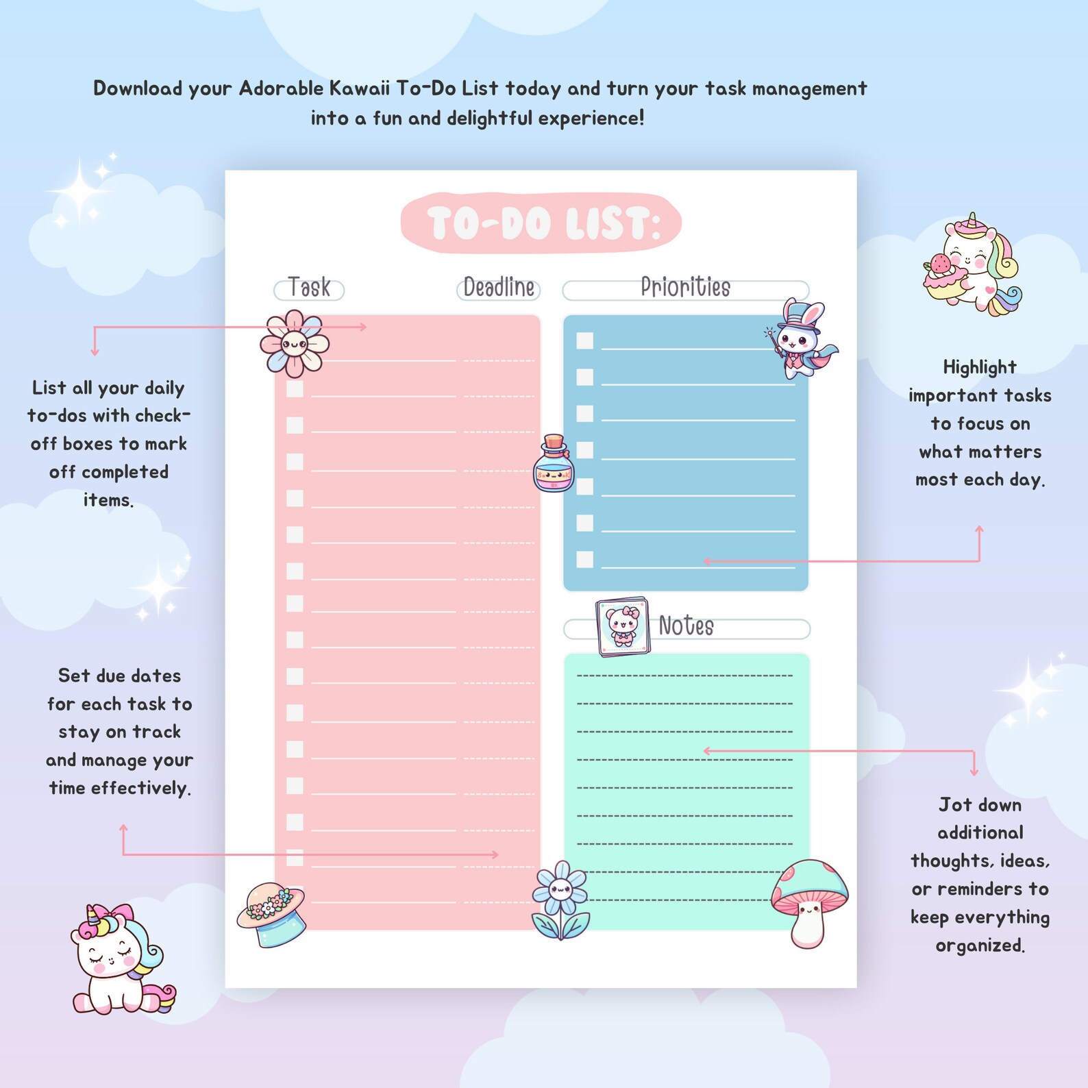 Kawaii To-do List Printable PDF | Cute Task Planner With Adorable ...