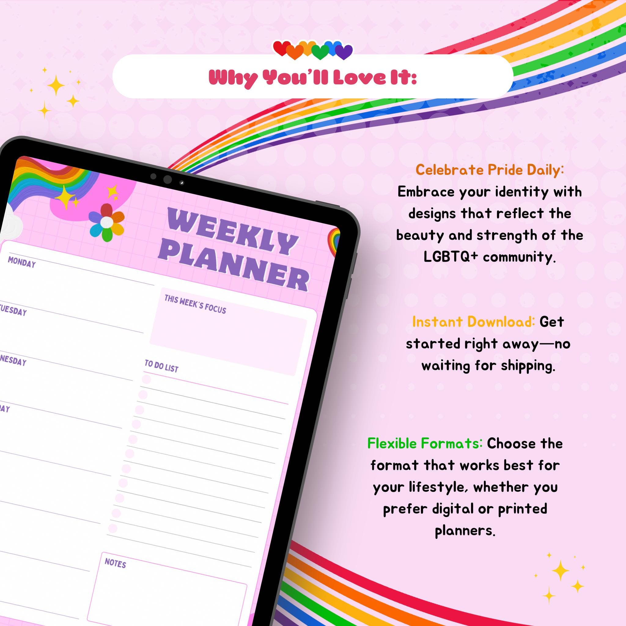 Cute Rainbow Kawaii Pride Weekly Planner Template - Printable Digital ...