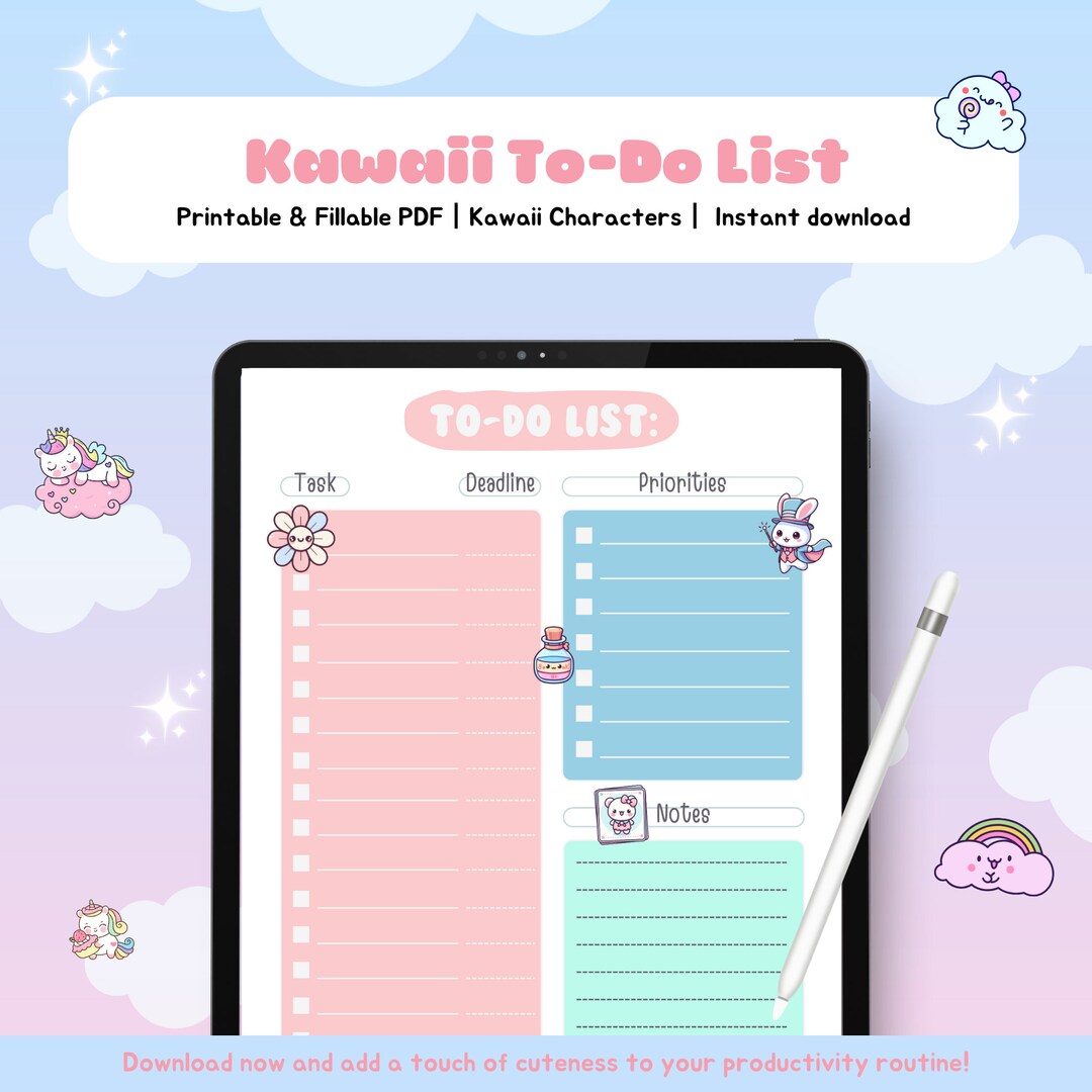 Kawaii To-do List Printable PDF | Cute Task Planner With Adorable ...