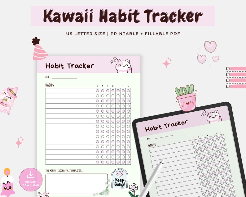 Kawaii Habit Tracker Digital Download | Cute Printable Planner Insert ...