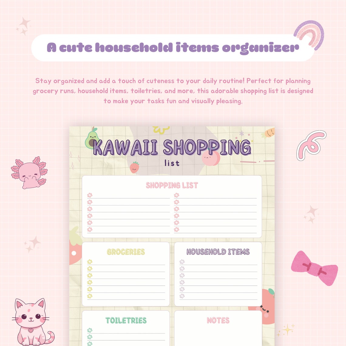 Kawaii Shopping List Printable | Cute Grocery List Planner Page ...