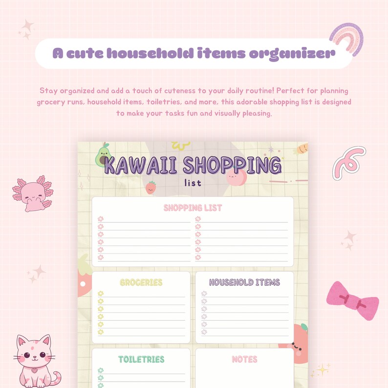 Kawaii Shopping List Printable | Cute Grocery List Planner Page ...