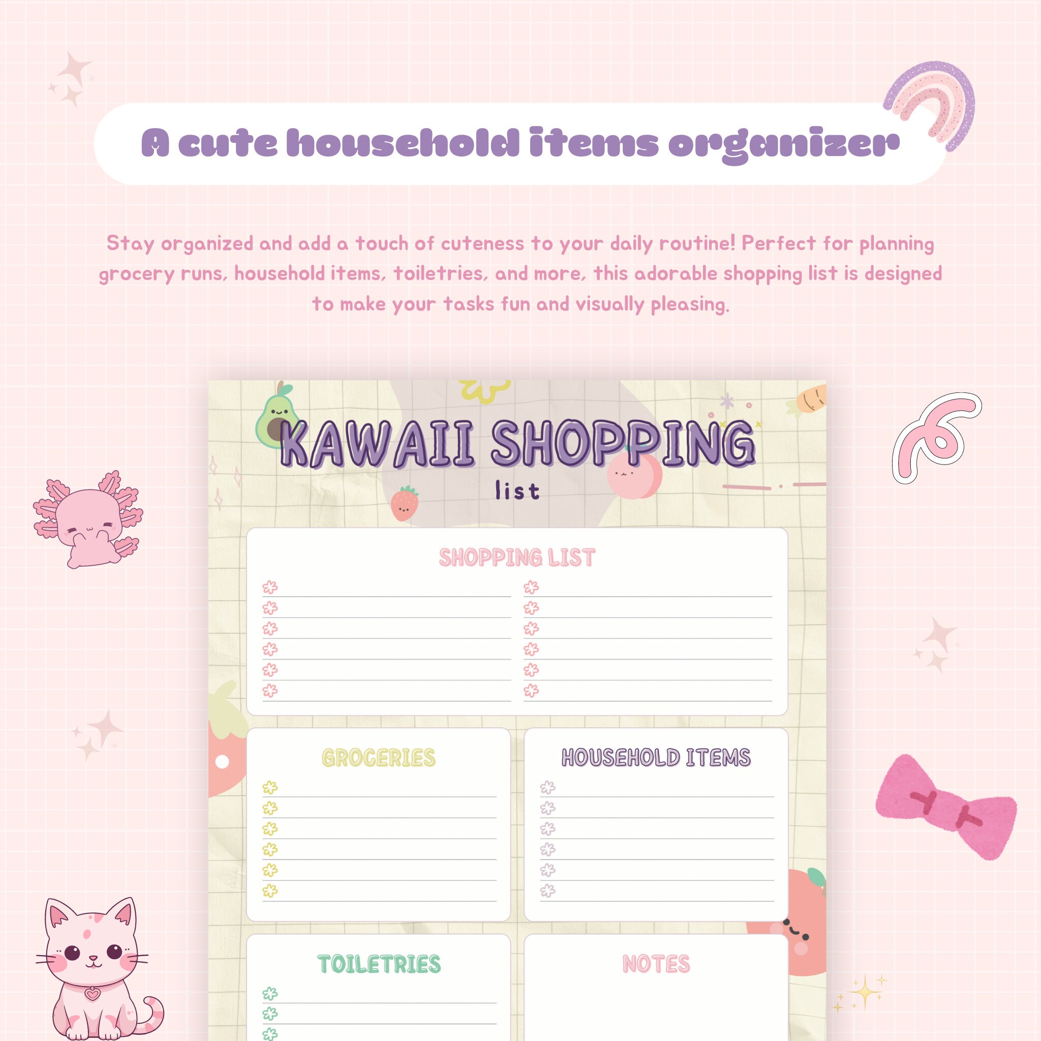 Kawaii Shopping List Printable | Cute Grocery List Planner Page ...