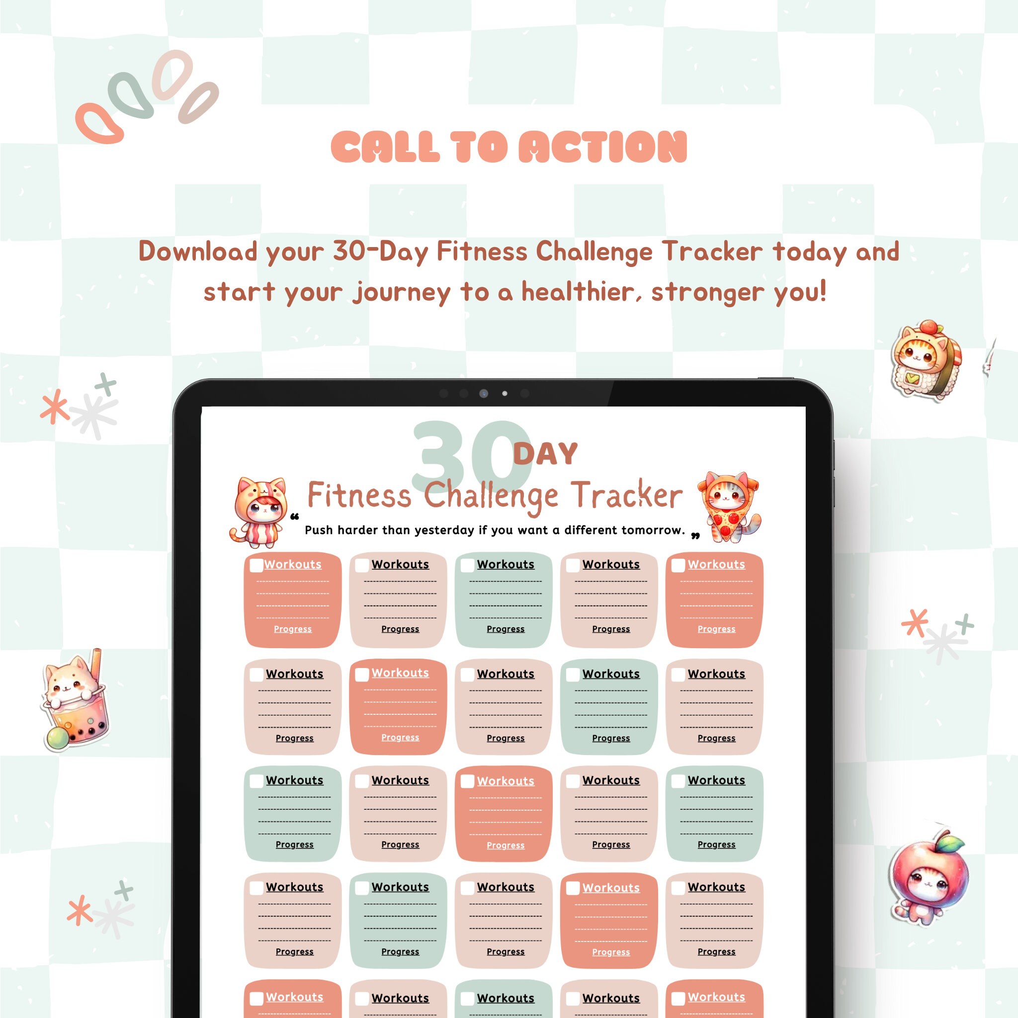 30-day Fitness Challenge Tracker | Kawaii Workout Planner (printable ...