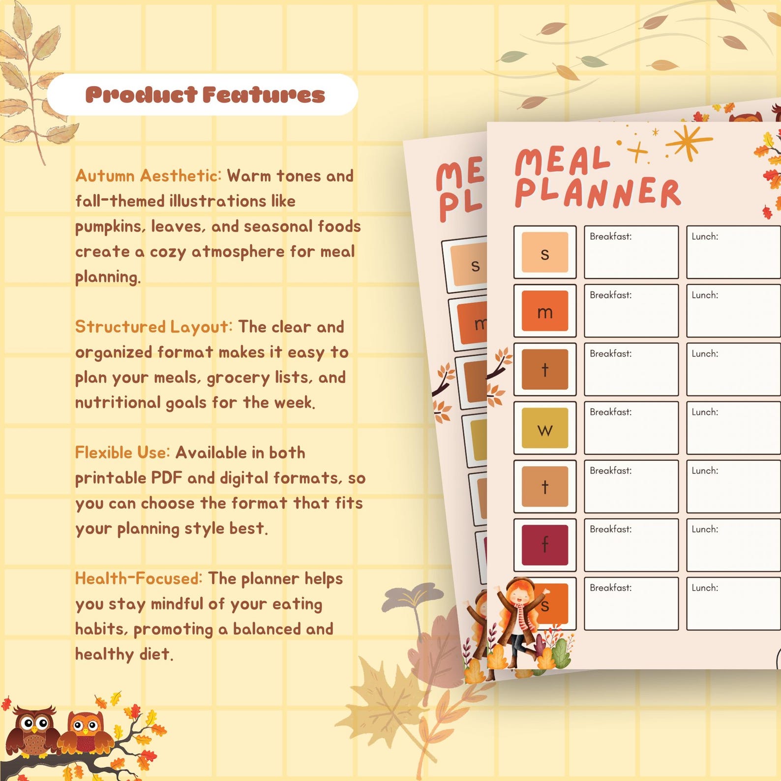 Fall-themed Meal Planner PDF | Printable & Fillable Weekly Meal Plan ...