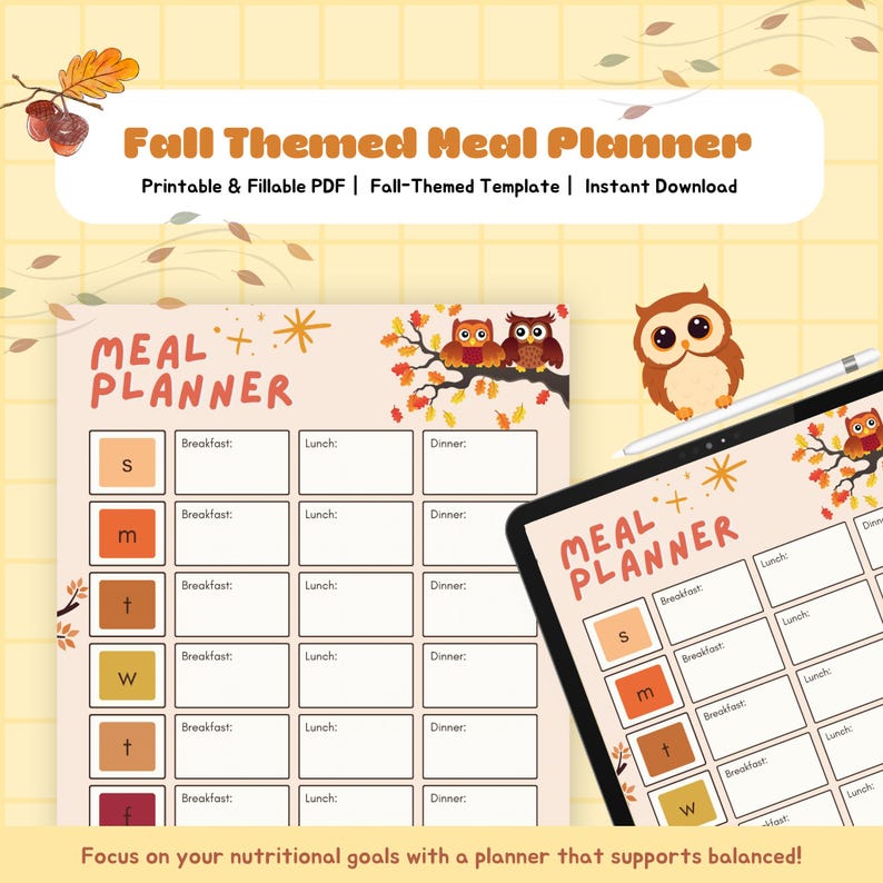 Fall-themed Meal Planner PDF | Printable & Fillable Weekly Meal Plan ...