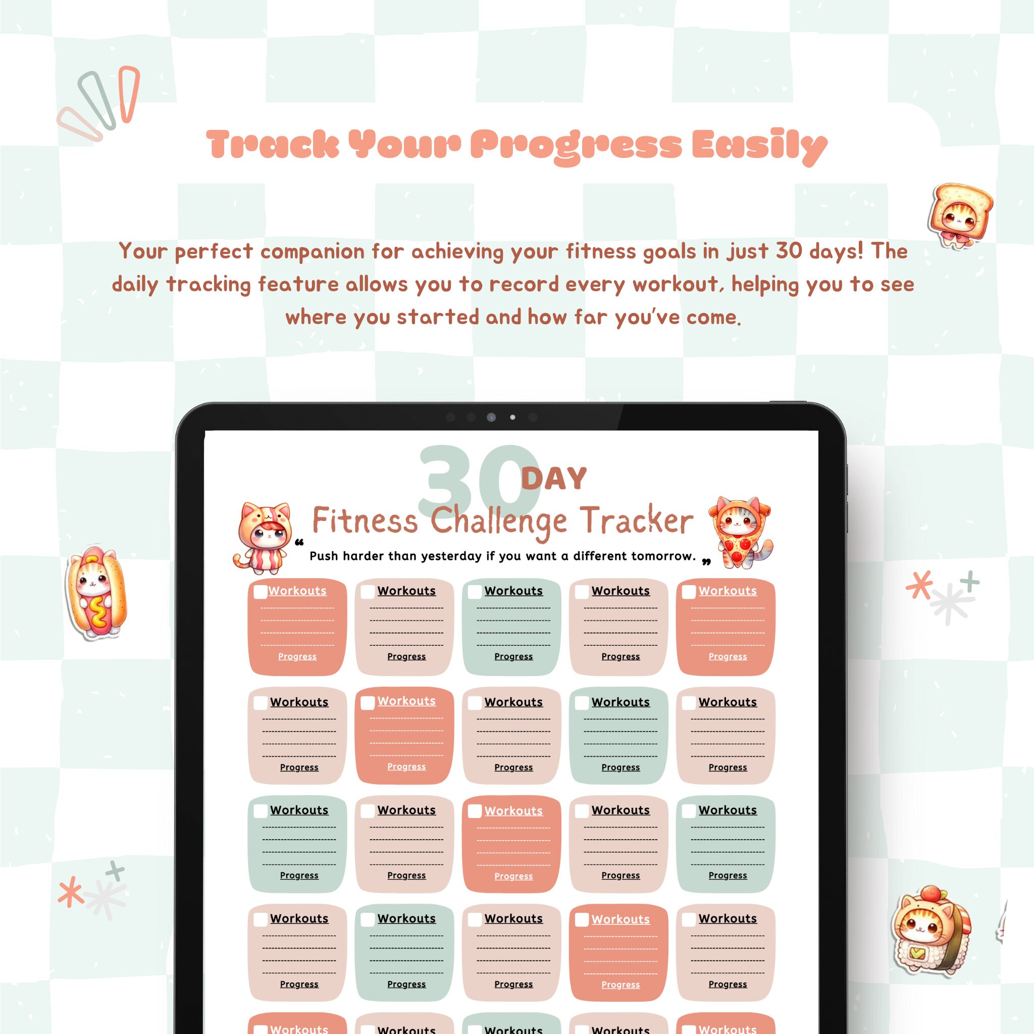 30-day Fitness Challenge Tracker | Kawaii Printable Workout Planner ...