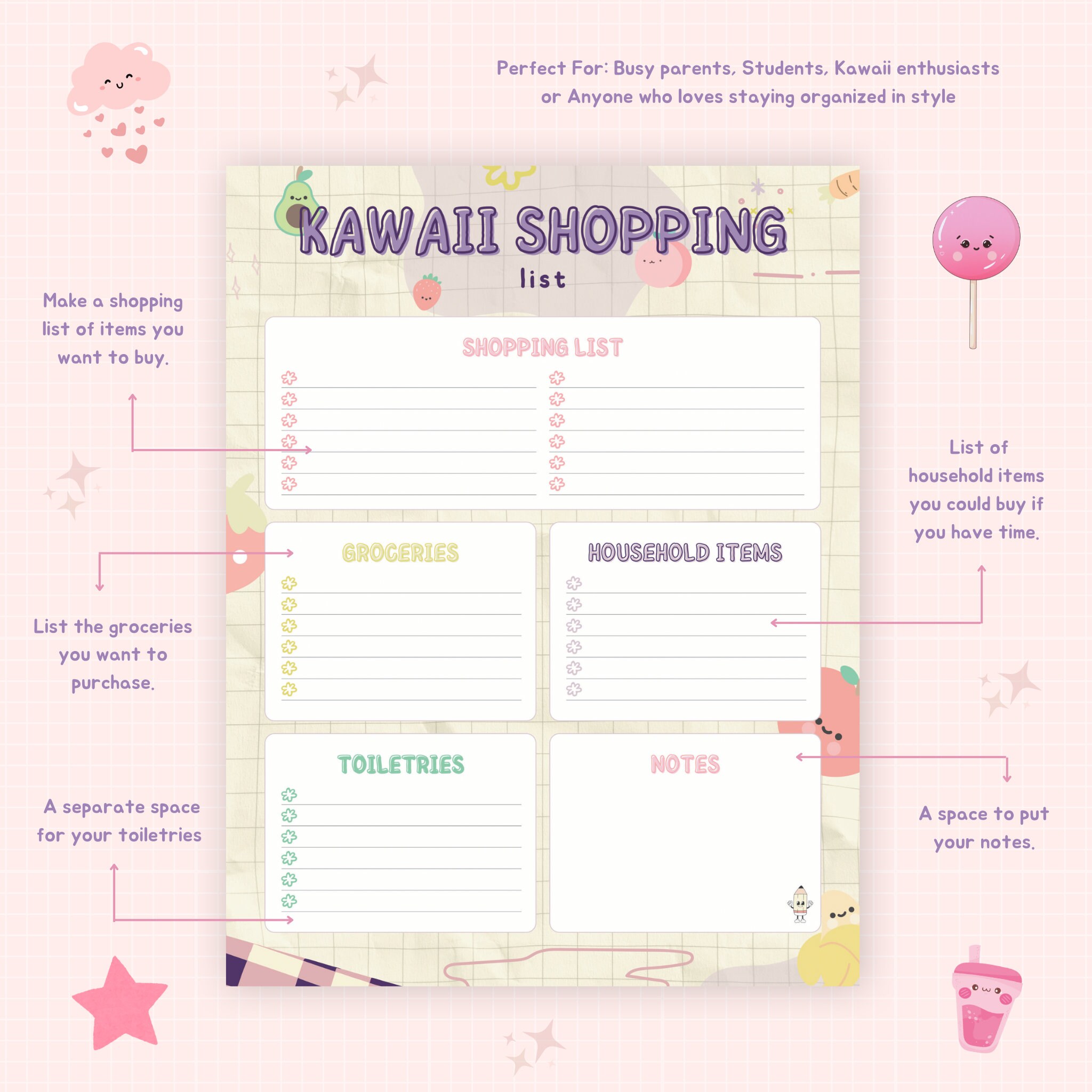 Kawaii Shopping List Printable | Cute Grocery List Planner Page ...