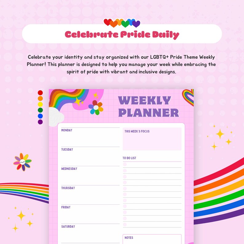 Cute Rainbow Kawaii Pride Weekly Planner Template - Printable Digital ...