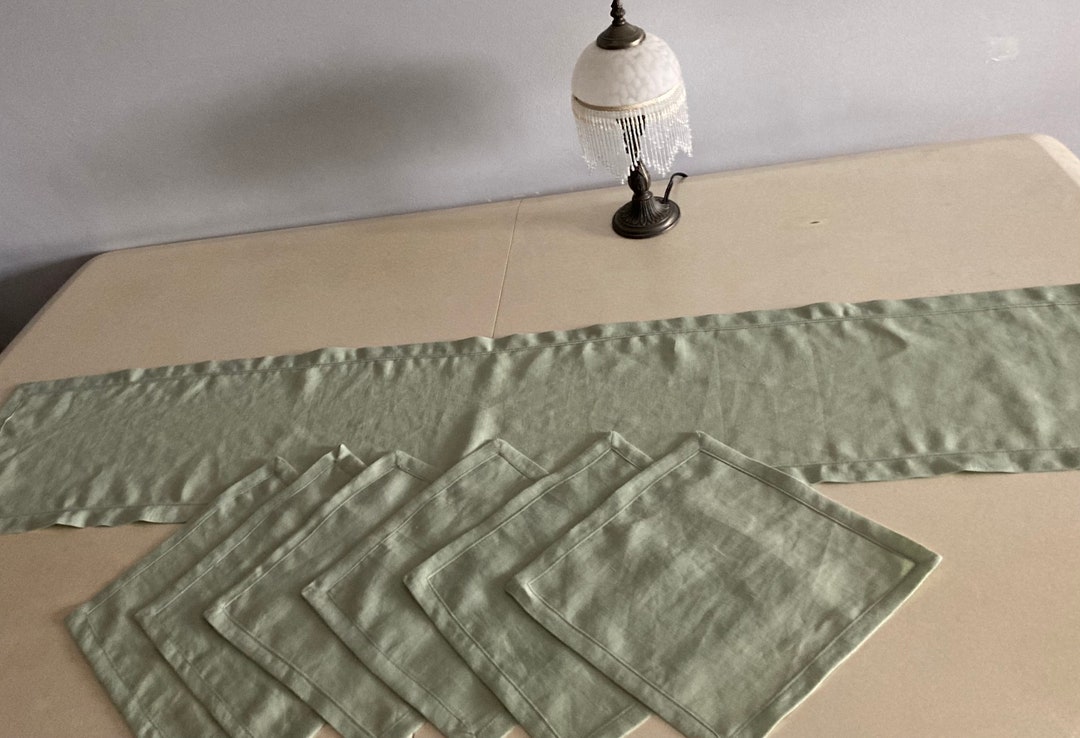Linen Set of Table Runner and 6 Napkins Solid Light Olive Green Colour ...