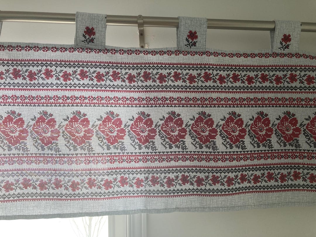 Valance Curtains Ukrainian Folk Ornamental Floral Cotton Grey Red ...