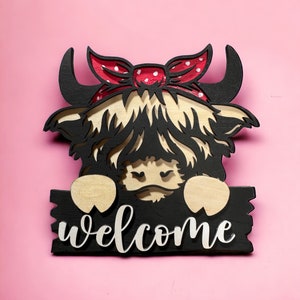 Highland Cow Welcome Sign With Red Bow Warmly Greet Your Guests - Etsy