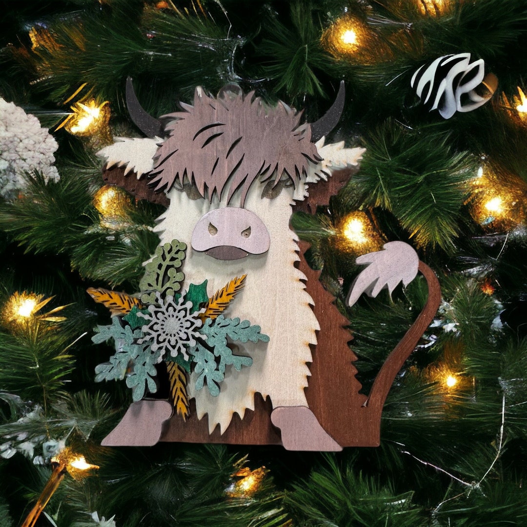Hand-painted Scottish Highland Cow Christmas Ornament Rustic Wooden ...