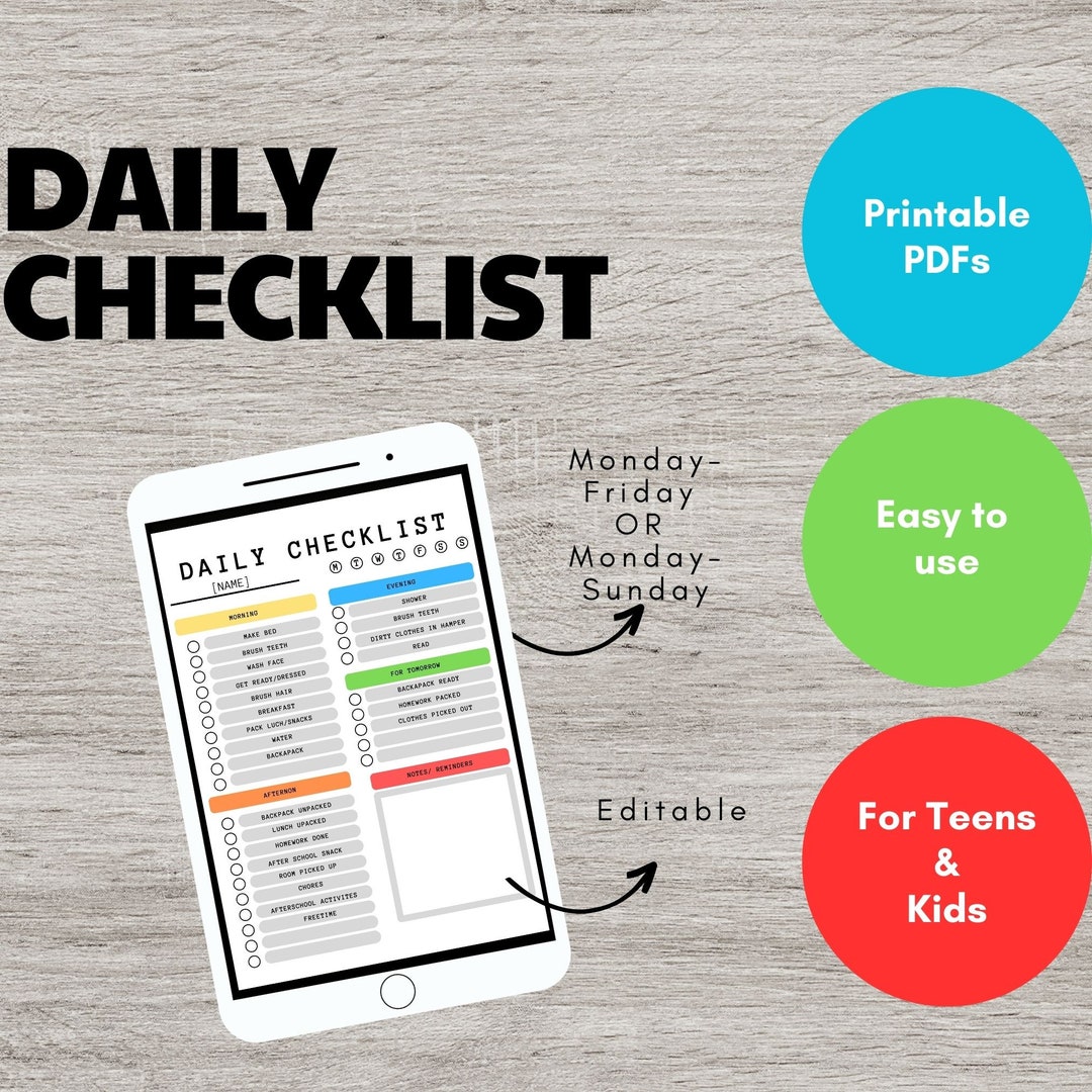 Daily Checklist, Daily School Checklist, Teen Daily Checklist ...