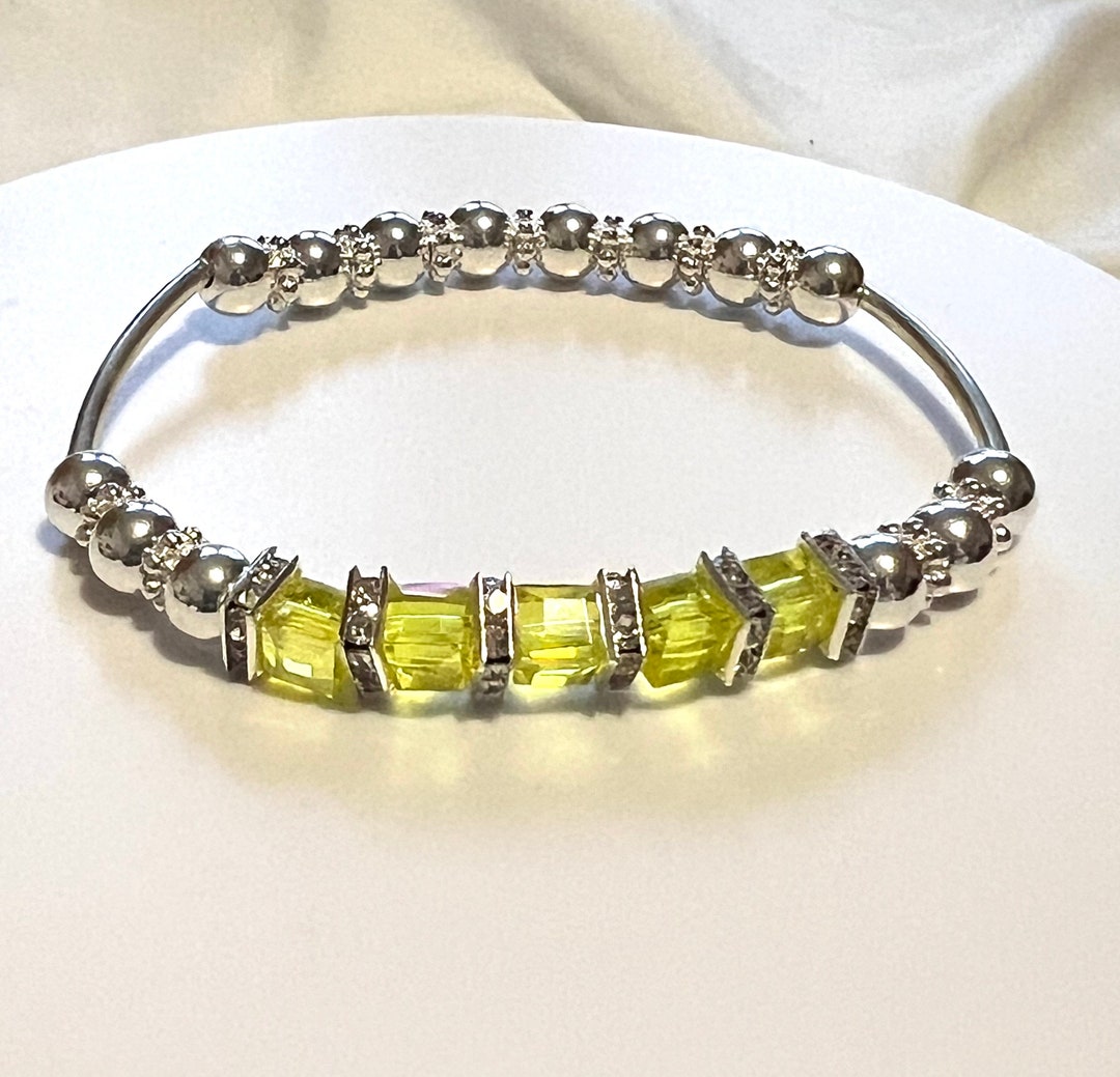 The CLASSY YELLOW Stretch Bracelet, Made of Cube Beads, Silver Tube ...