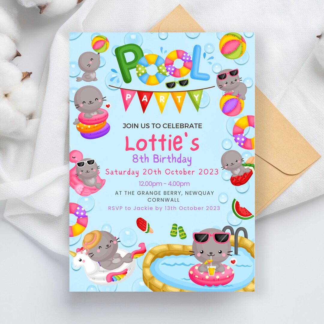 8th Birthday Pool Party Invitation Girls INSTANT DOWNLOAD - Etsy