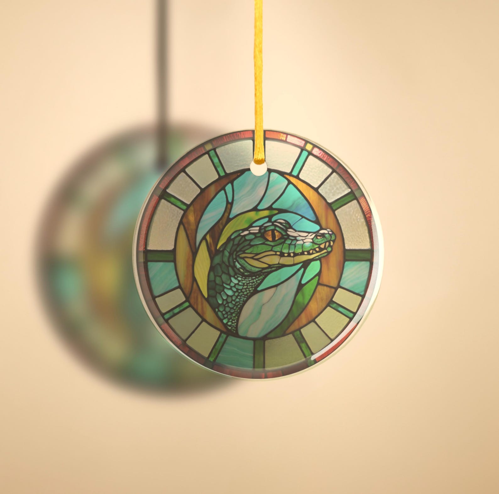 Green Aligator in Faux Stained Glass Ornament, Green Gator, Cute Swamp ...