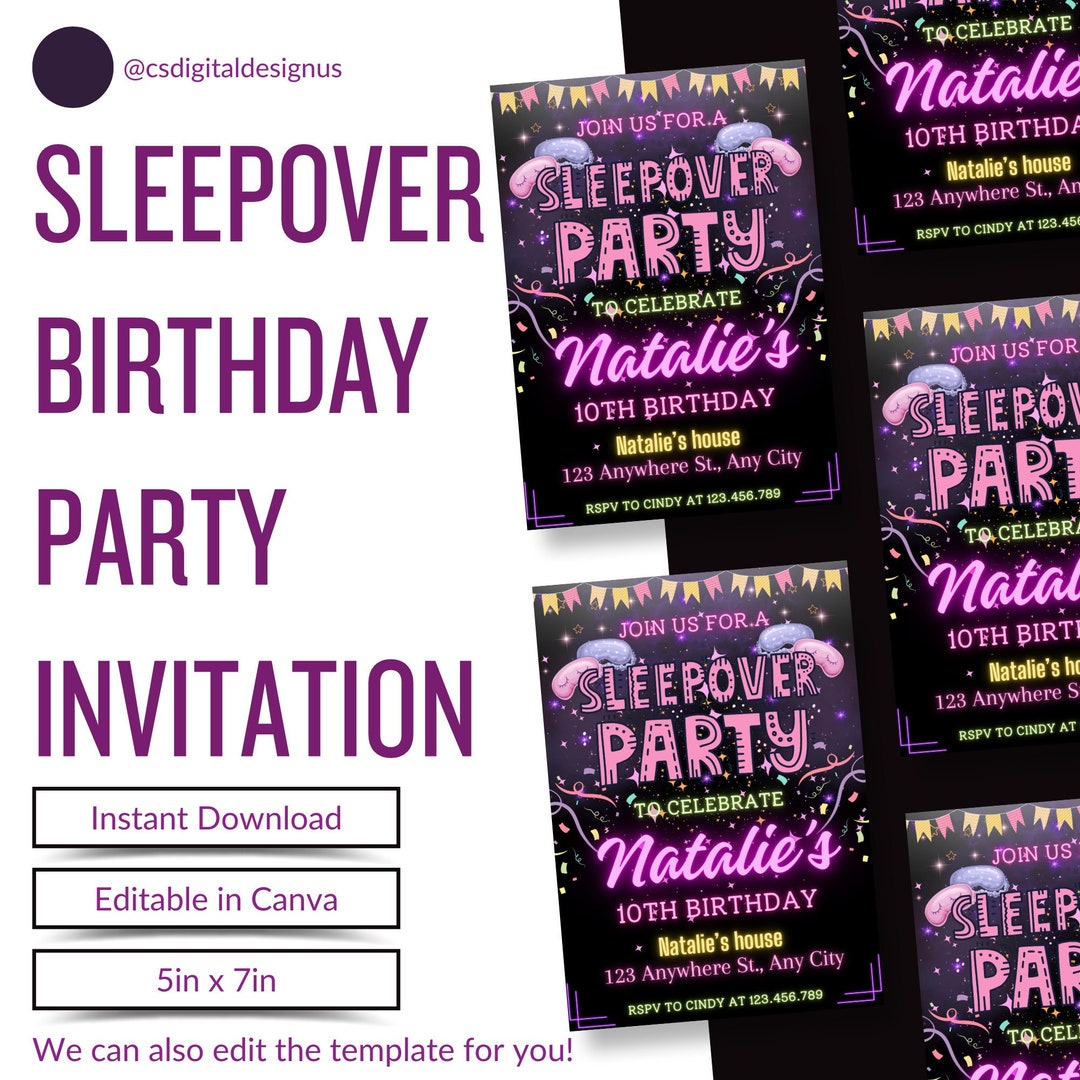 Editable Neon Sleepover Birthday Invitation: Pajama Party for Kids ...