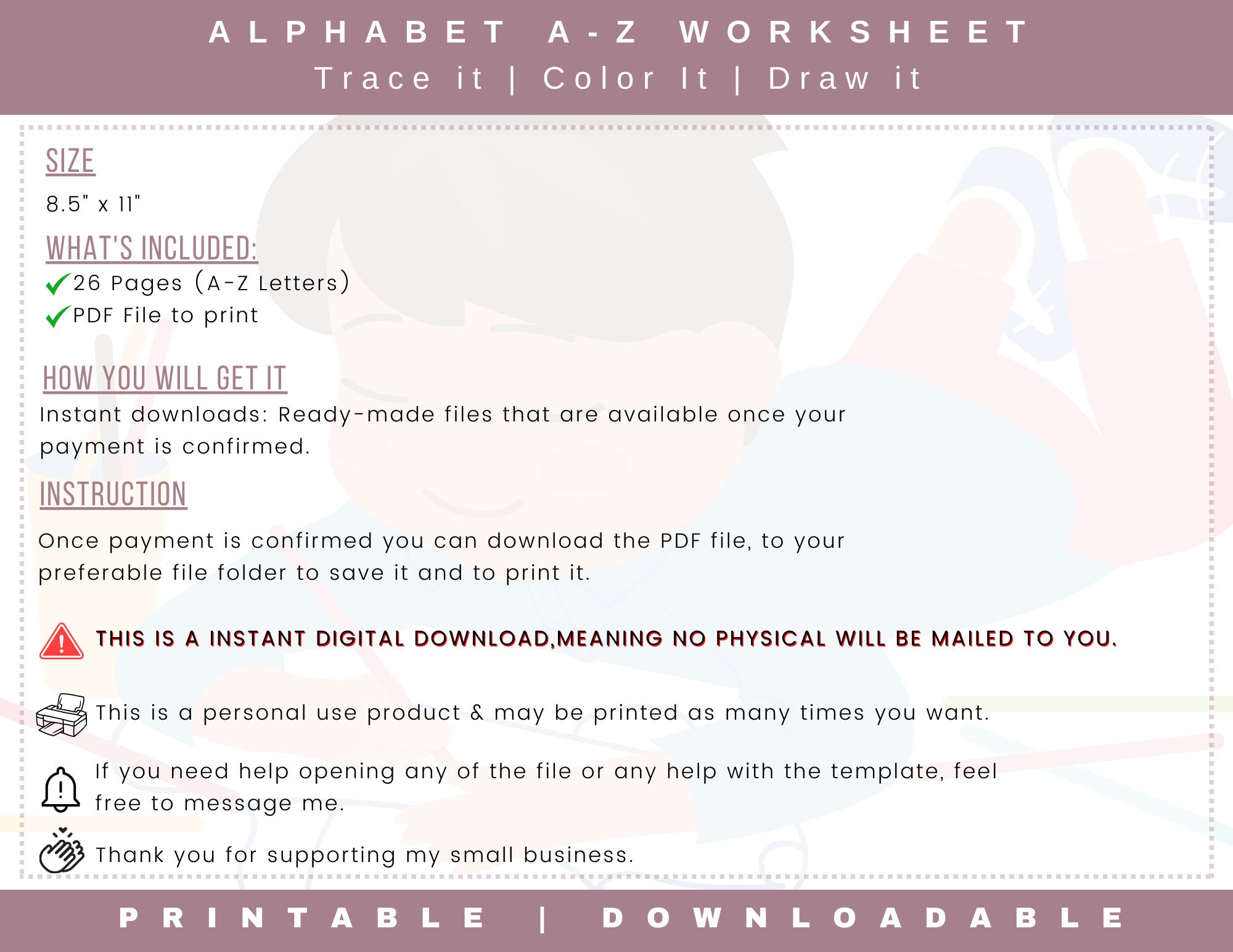 Alphabet A-Z Trace It, Color It, Draw It & Drawing Worksheet for ...