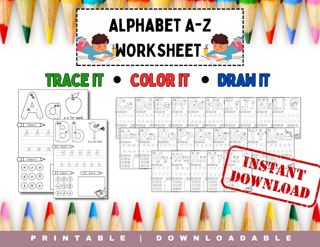 Alphabet A-Z Trace It, Color It, Draw It & Drawing Worksheet for ...