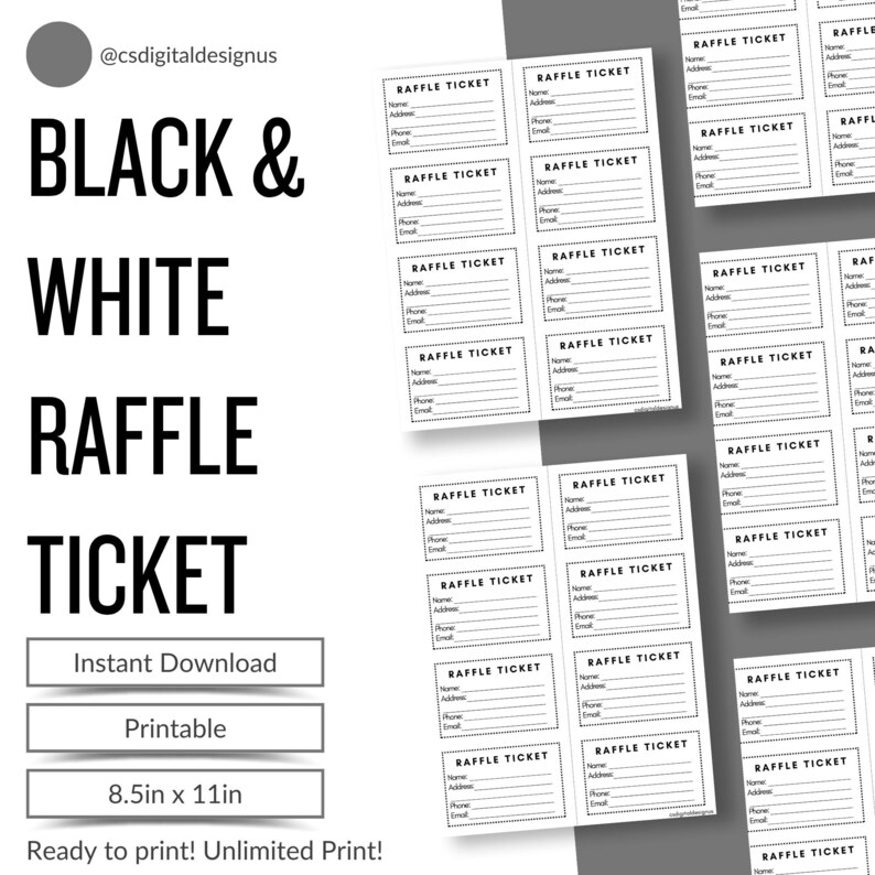 Printable Raffle Ticket, Ready to Print, Black and White Raffle Ticket ...
