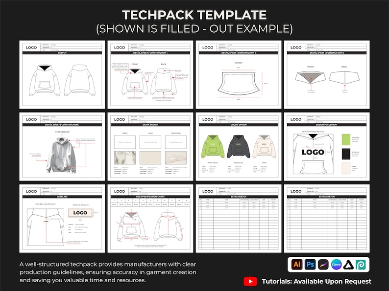 Fashion Tech Pack Template Bundle | Customizable Clothing Techpack for Apparel Designers and ...