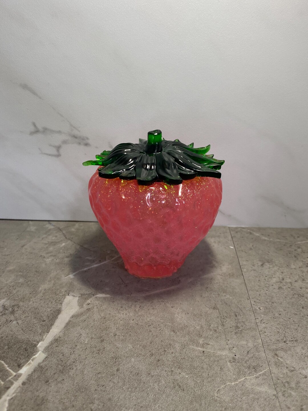 Resin Strawberry Jar With Lid | Pink Glitter Green | Decorative Storage ...