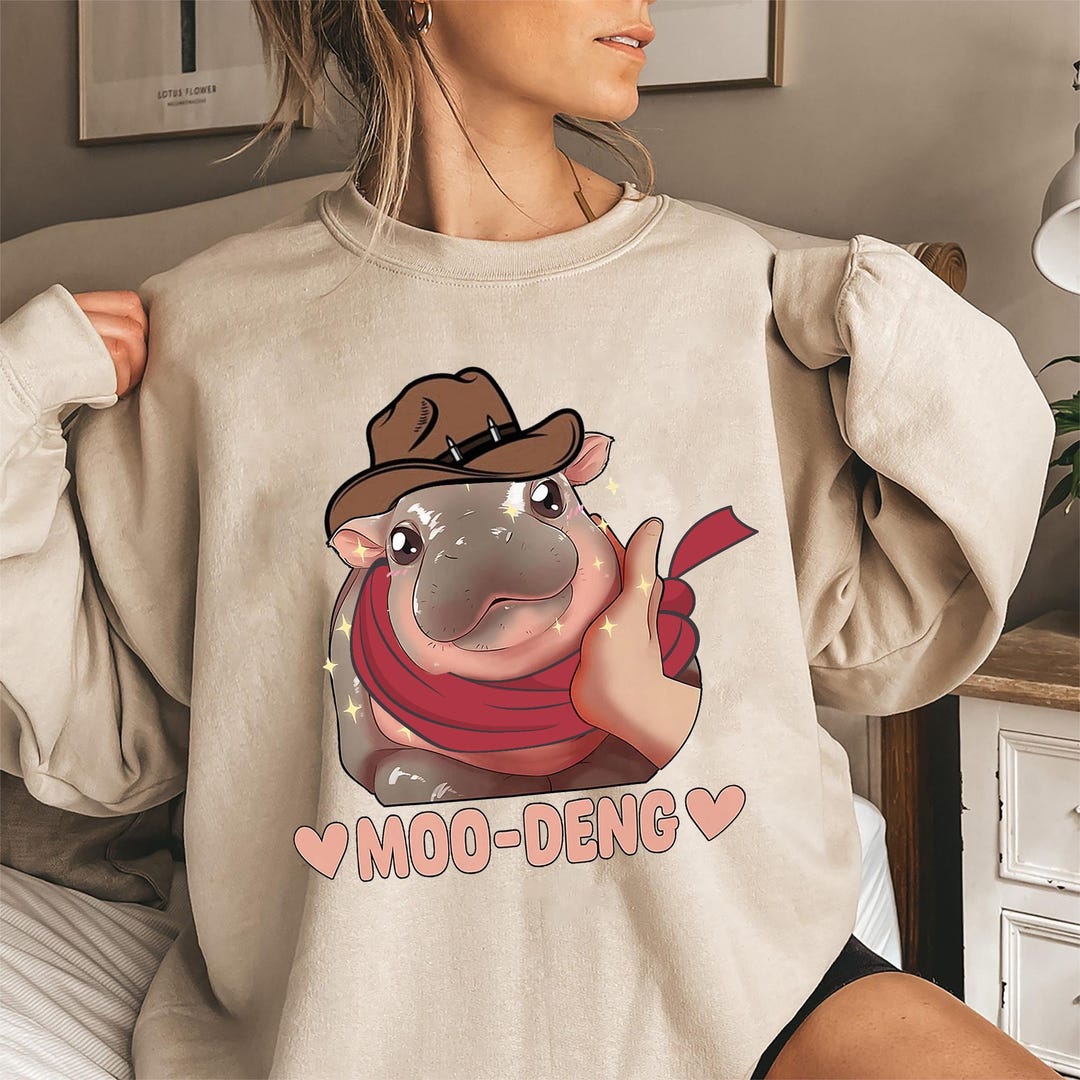Moo Deng Cowboy Sweatshirt, Moo Deng Bouncy Pig in Thai Picture the ...