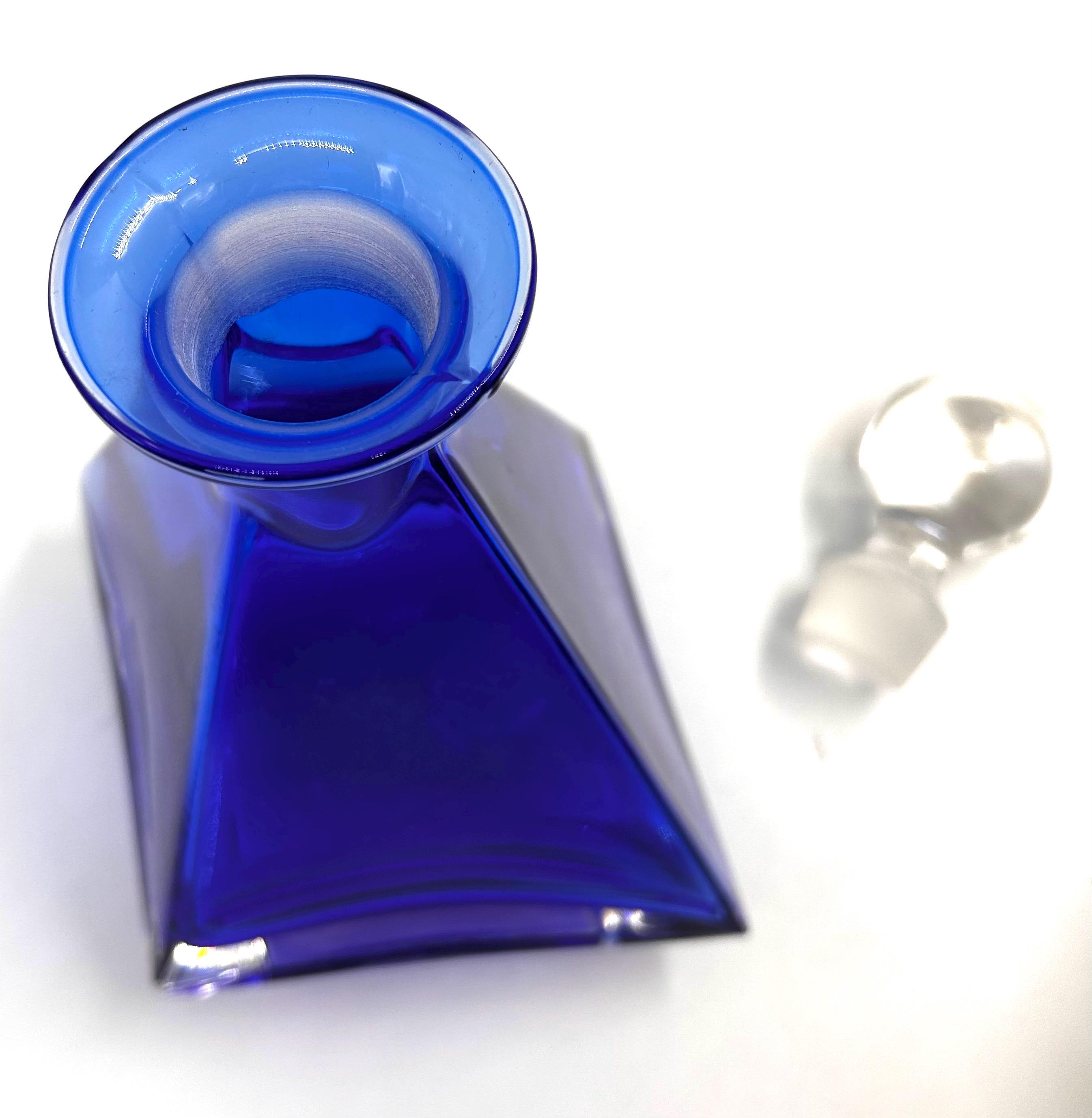 Triangle Shaped Cobalt Blue Glass Decanter With Original Stopper. Made ...