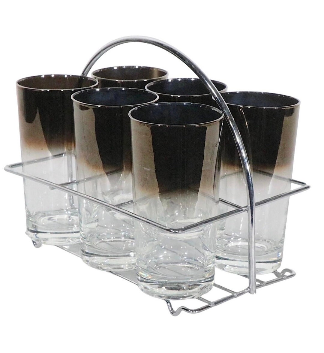 Mid Century Dorothy Thorpe Crome Ombré Set of 6 Glasses and Crome Caddy ...