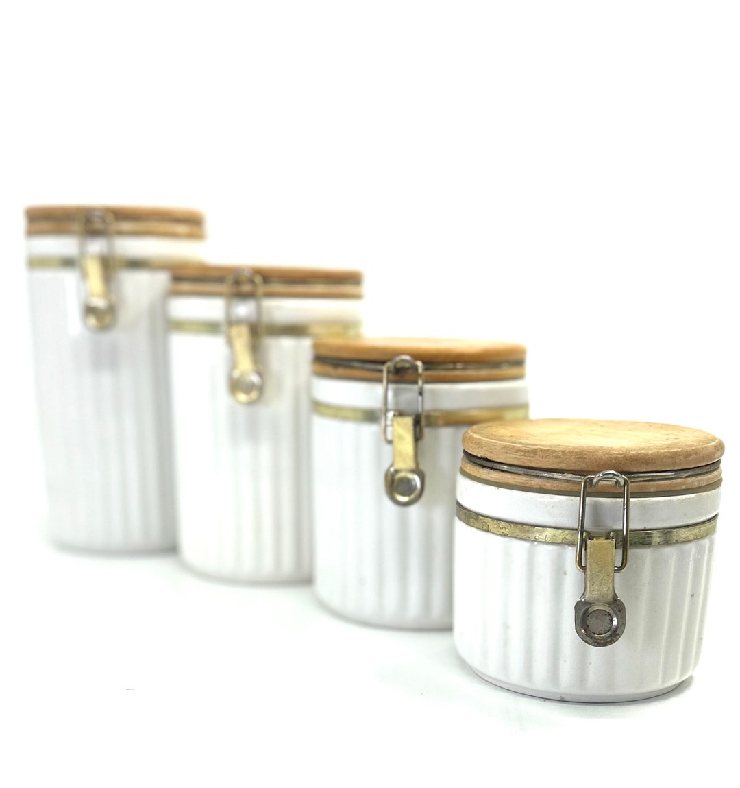 Set of 4 Vintage Collectible Ceramic Kitchen Canisters With Wood Covers ...