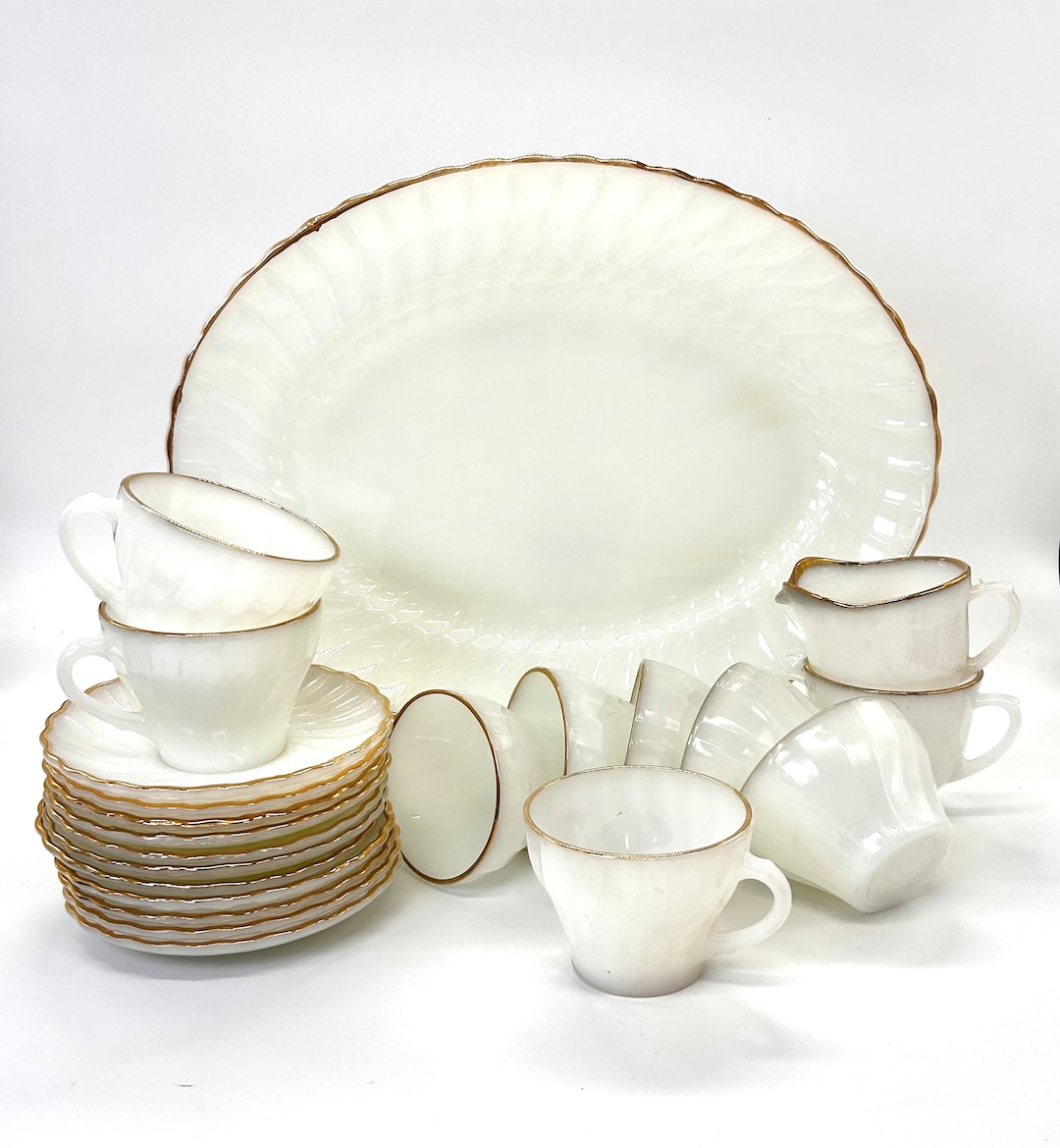 Vintage Fire King Dinner Ware / White Milkglass Swirled Pattern With ...