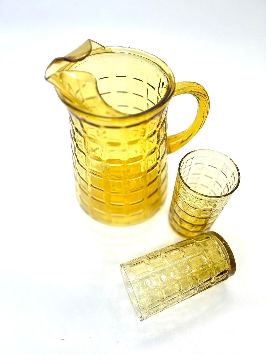 Anchor Hocking Vintage Honey Gold Amber Block Cube Pitcher and Glasses ...