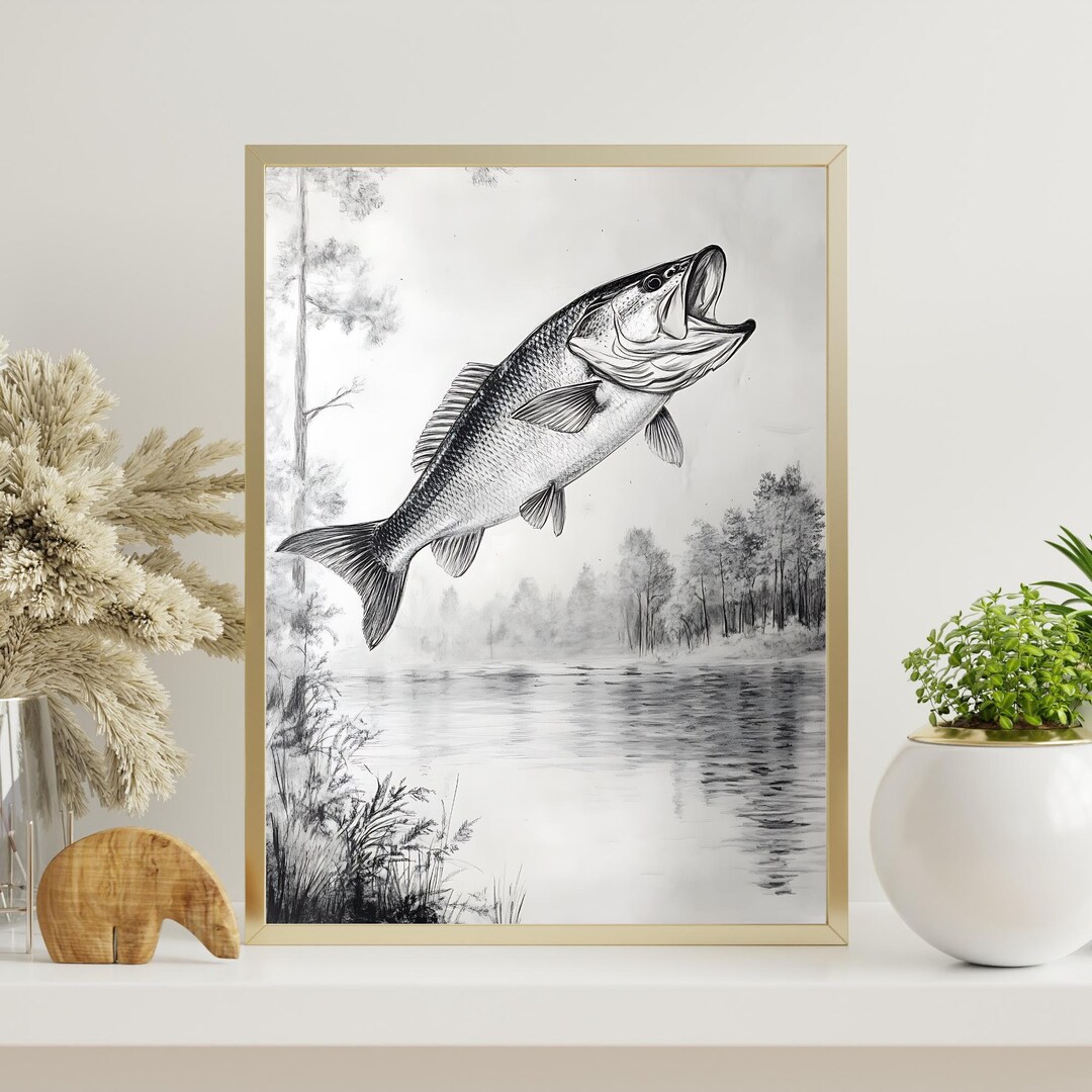 Bass Fish Pencil Sketch Digital Download - Bass Fish Artwork - Fishing ...