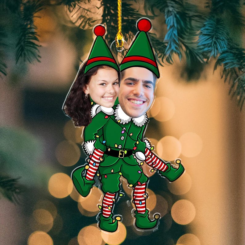 Personalized Couple Funny Elf Photo Ornament, Custom Funny Face for ...