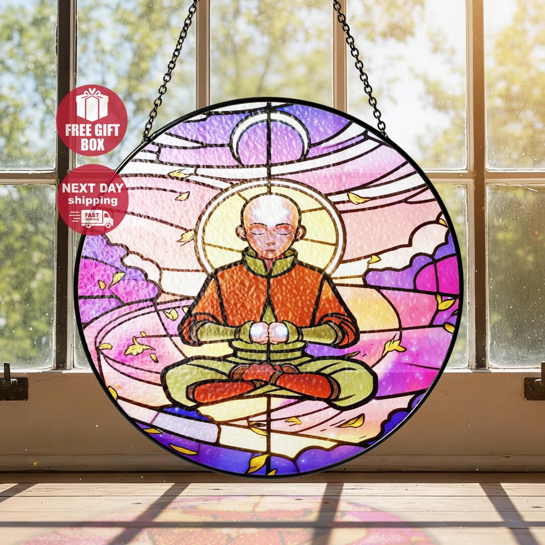 Meditating Air Monk Stained Glass Suncatcher, Spiritual Window Decor ...